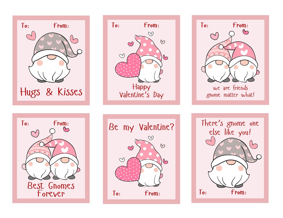 Gnome Valentine Set of 6 PRINTABLE ,download, English, Valentines Day ...