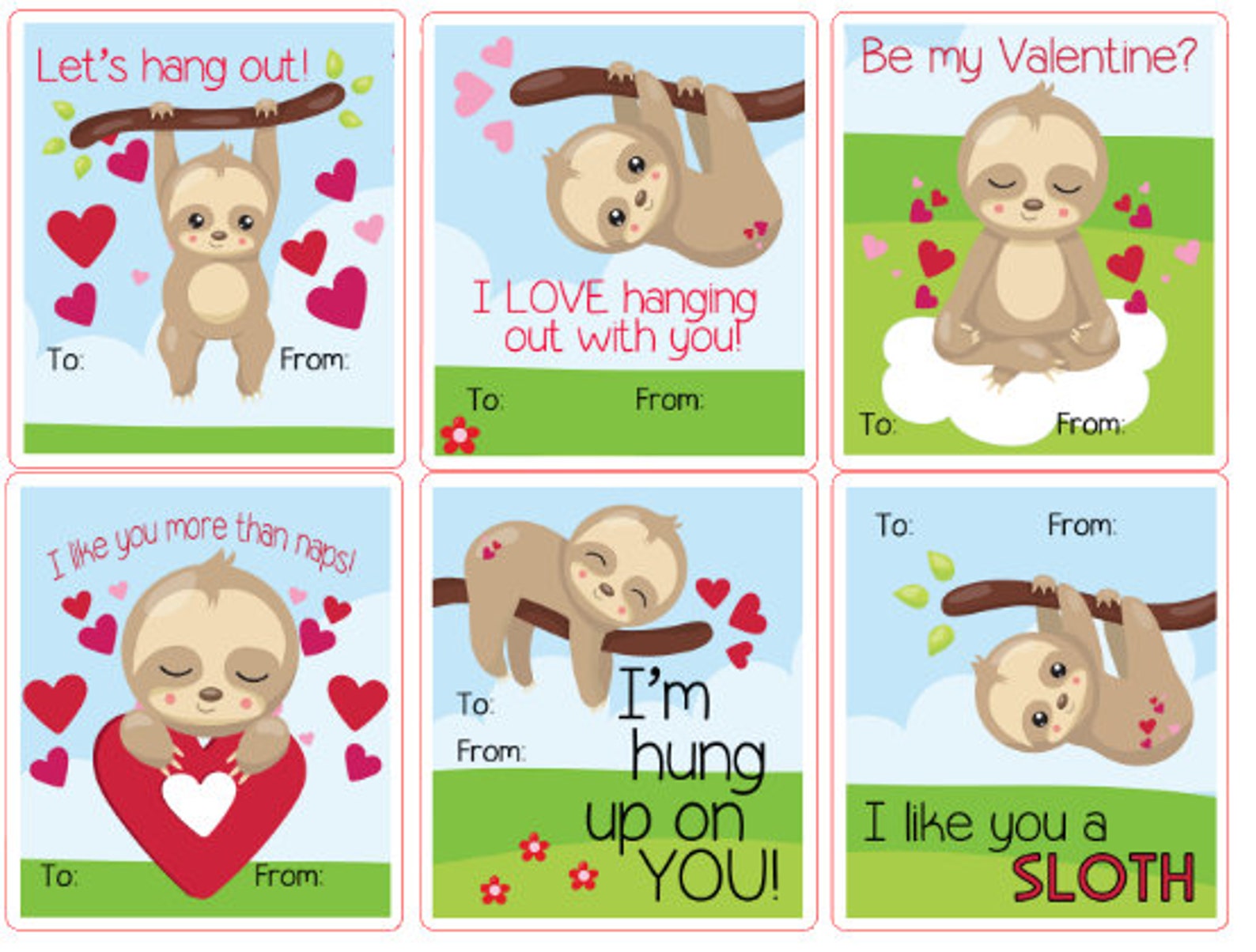 Sloth Valentine Set of 6 PRINTABLE download English - Etsy