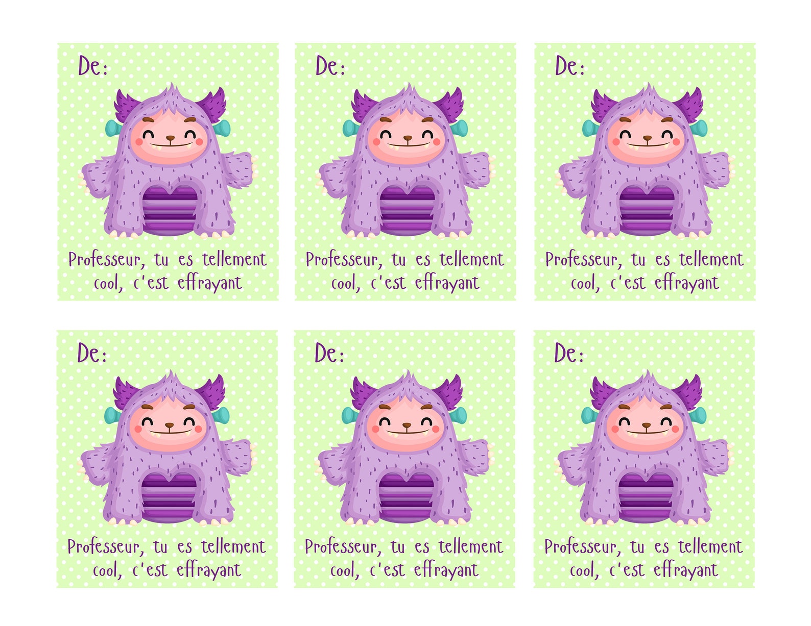 FRENCH Love Monsters Valentine Set of 6 PRINTABLE Download, Monstre ...