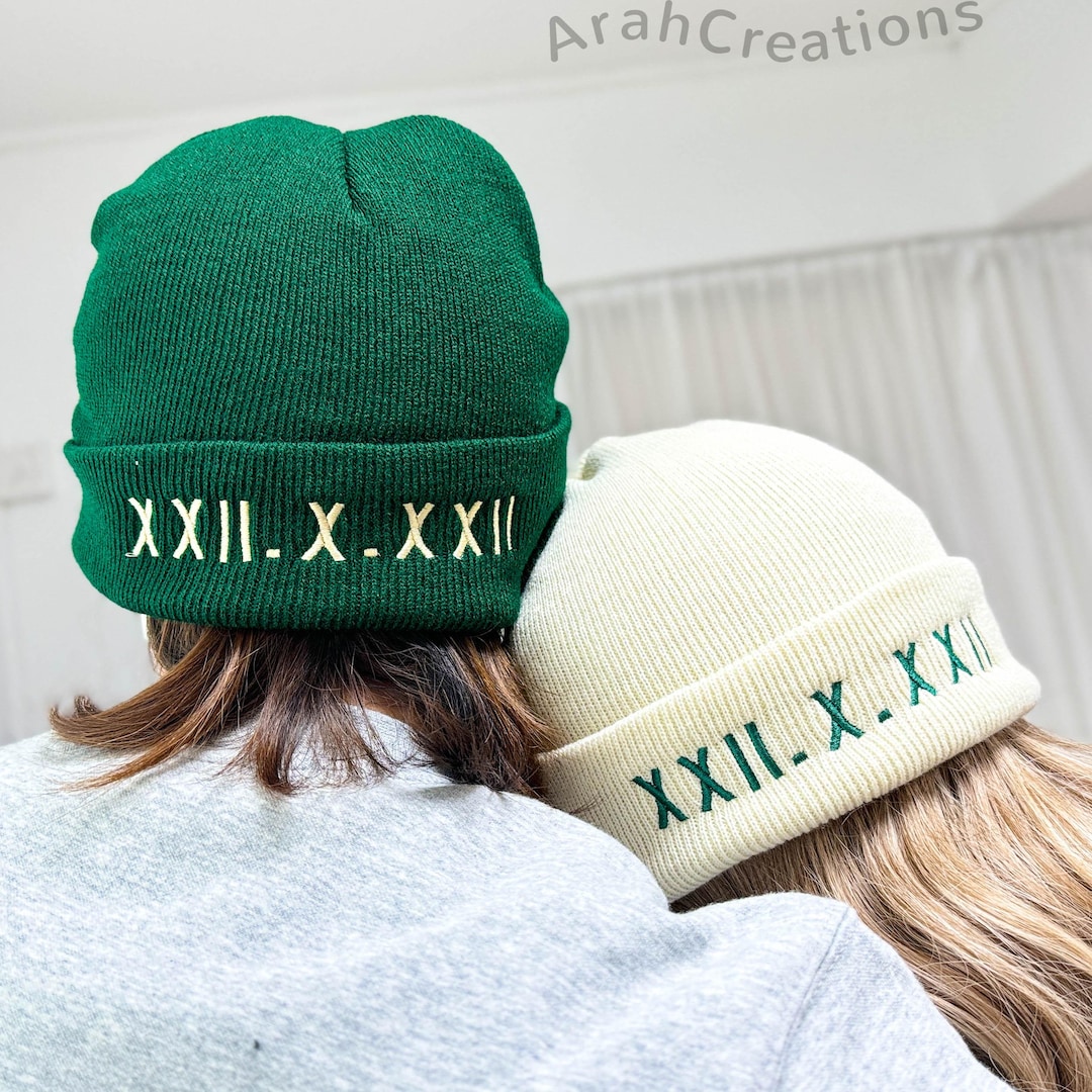 Custom Couples Beanie Hat | Embroidered Roman Numerals Anniversary ...