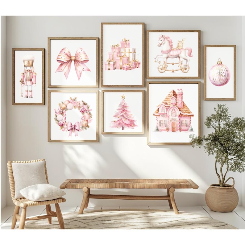 Set of 8 Pink Christmas Wall Art Gallery | Digital Prints | Pink & Gold ...