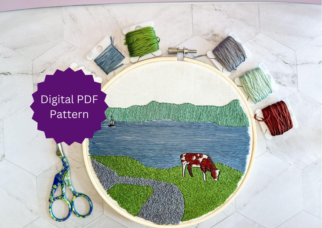 Serene Lakeside Embroidery Pattern | Cow Grazing Embroidery | Travel ...