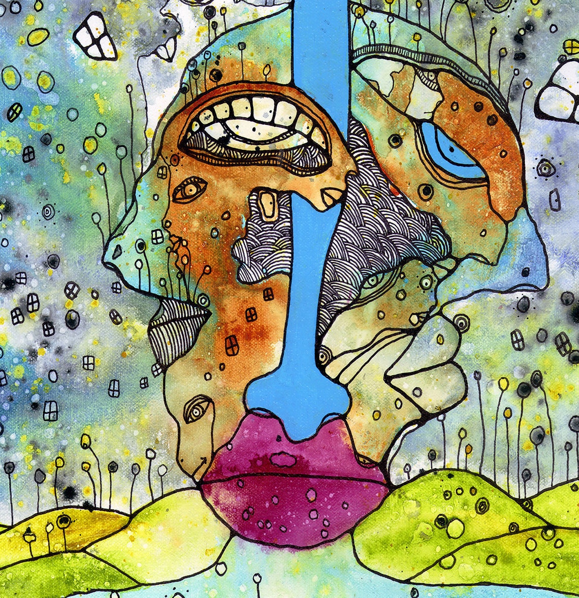 Quirky Abstract Faces Wall Art Colorful Psychedelic Art on - Etsy