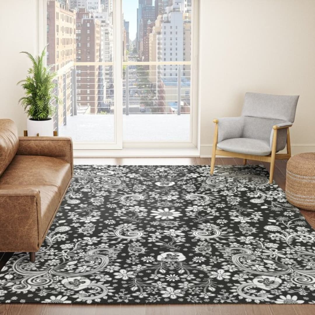Floral Boho Rug Black White Flower Birds Bohemian Area Throw Rugs ...