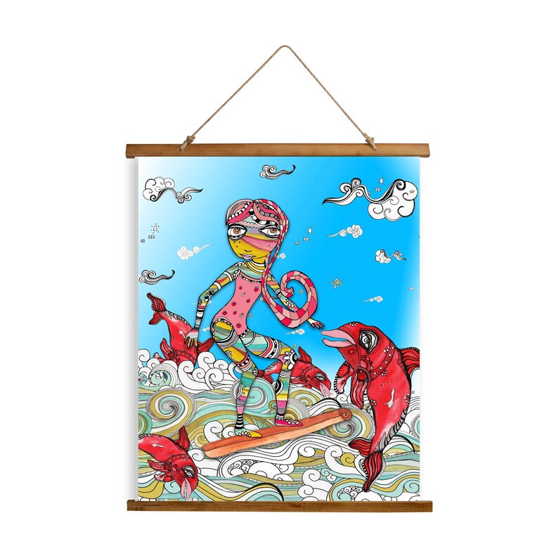 Surfer Girl Wall Art Hanging Tapestry Whimsical Ocean Waves Artwork ...