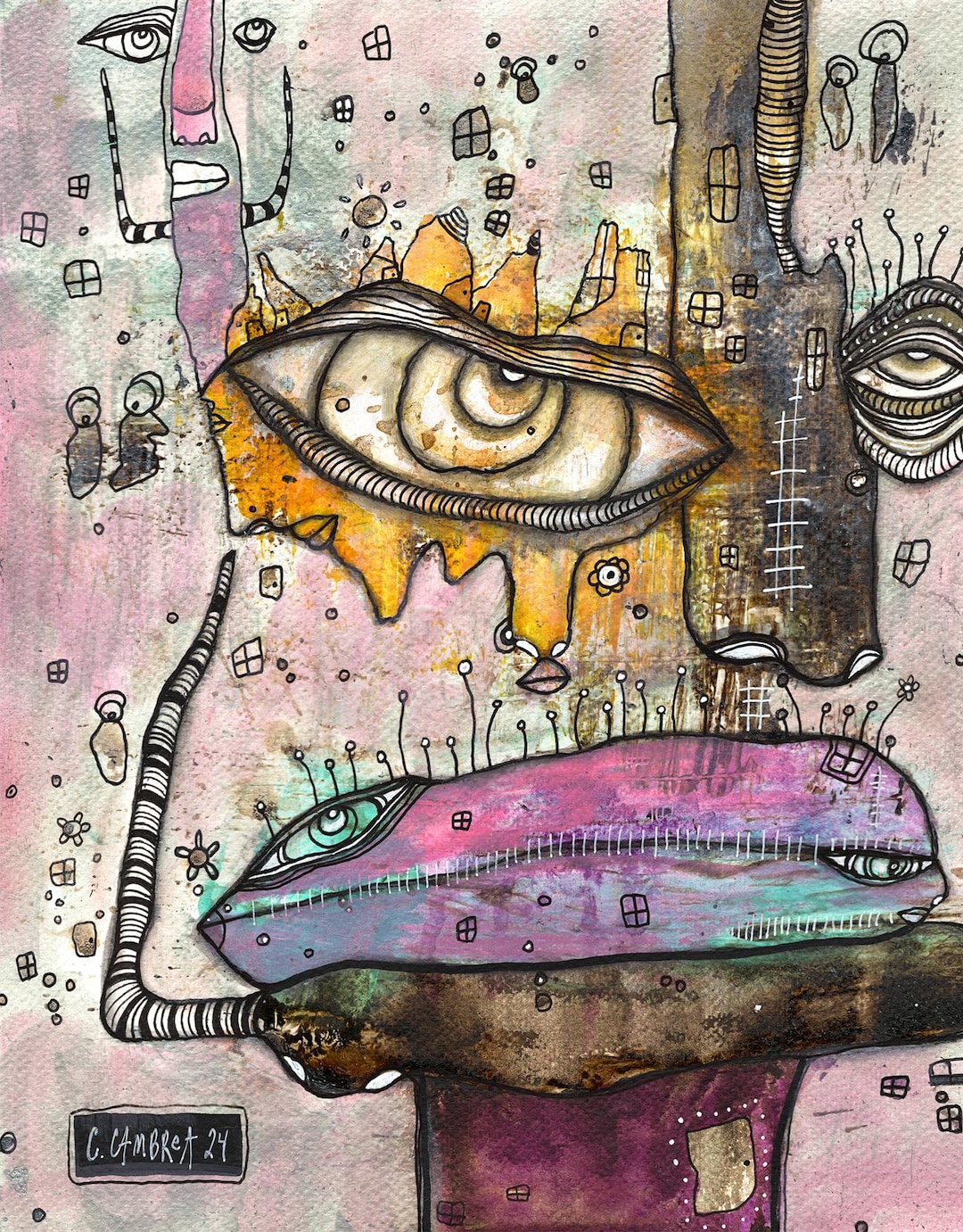 Original Artwork Colorful Faces Eyes Weird Gothic Horror Painting ...