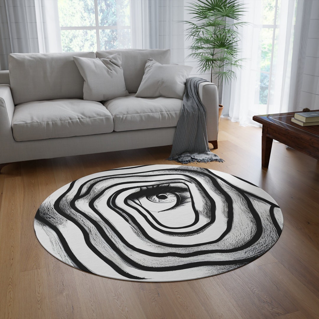 Round Rug Trippy Big Eye Psychedelic Black White Artwork Bold Abstract ...