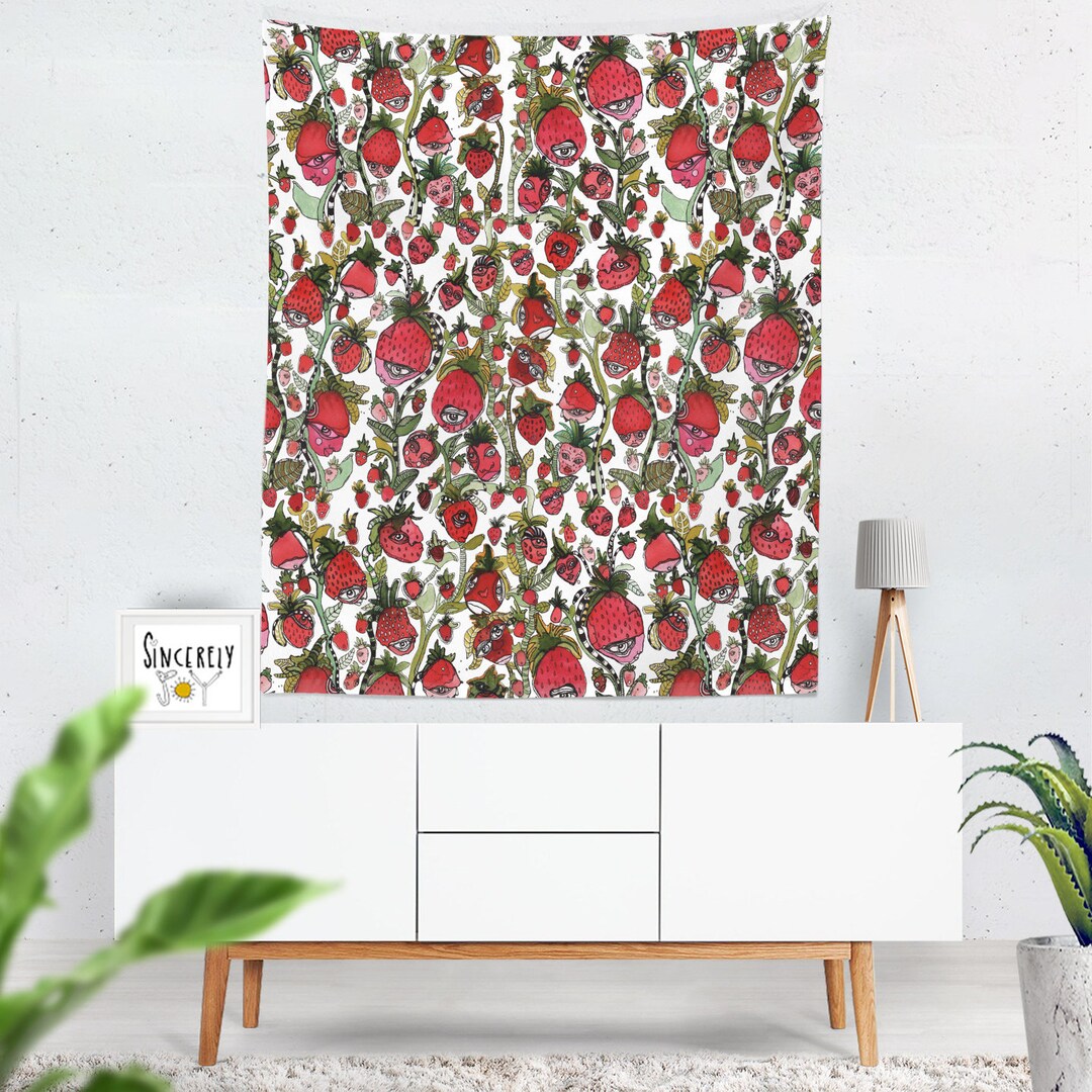 Red Strawberry Friends Tapestry Abstract Fruit Faces Large Whimsical ...