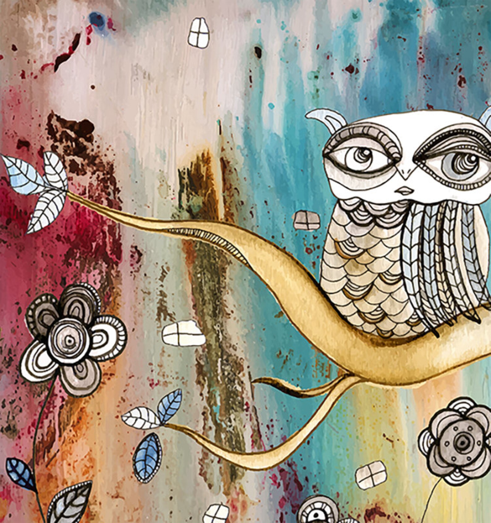 Handmade Owl Art Print on Wood Colorful Bohemian Painting Wall | Etsy