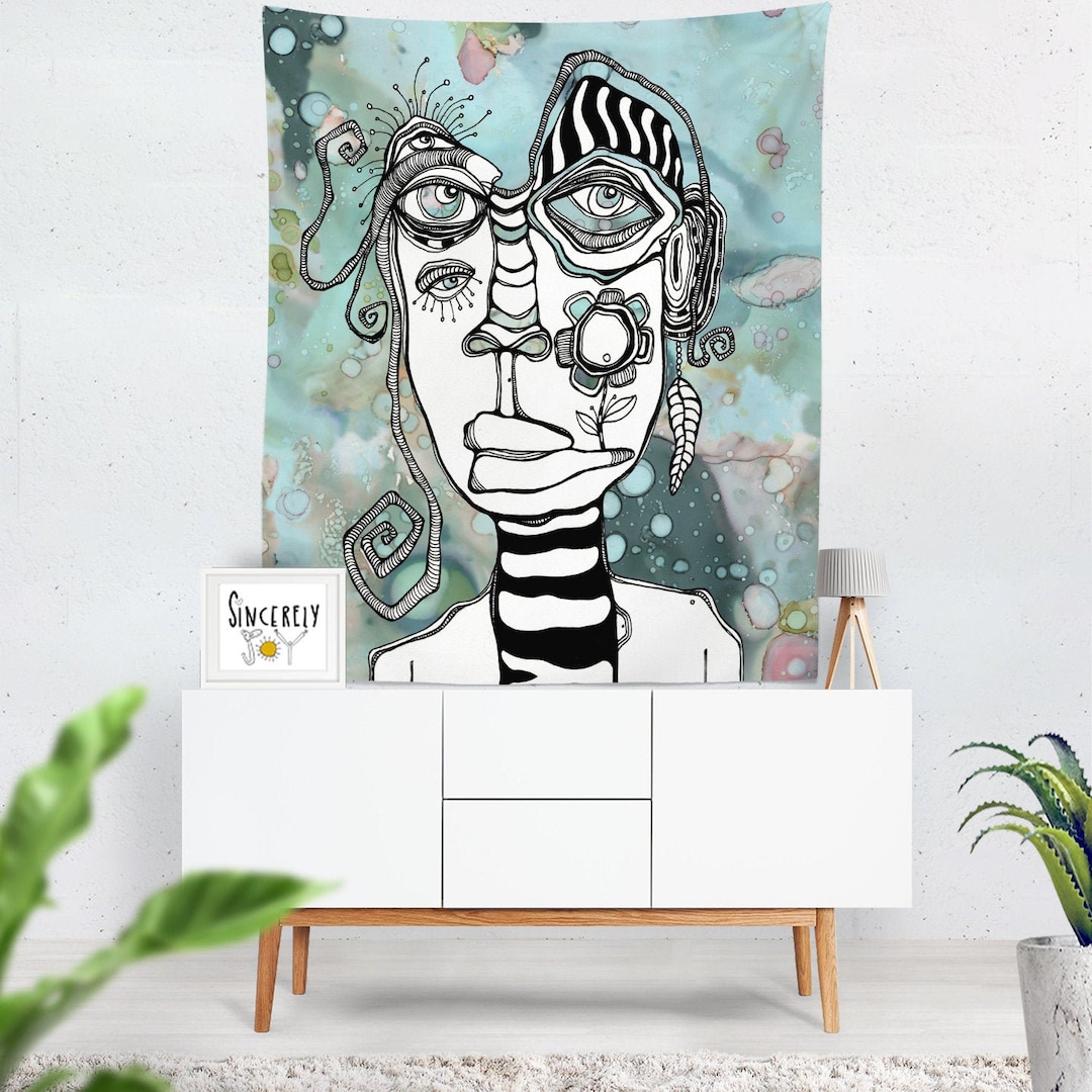 Abstract Artist Tapestry Blue Wall Hanging Art Large Abstract Face ...