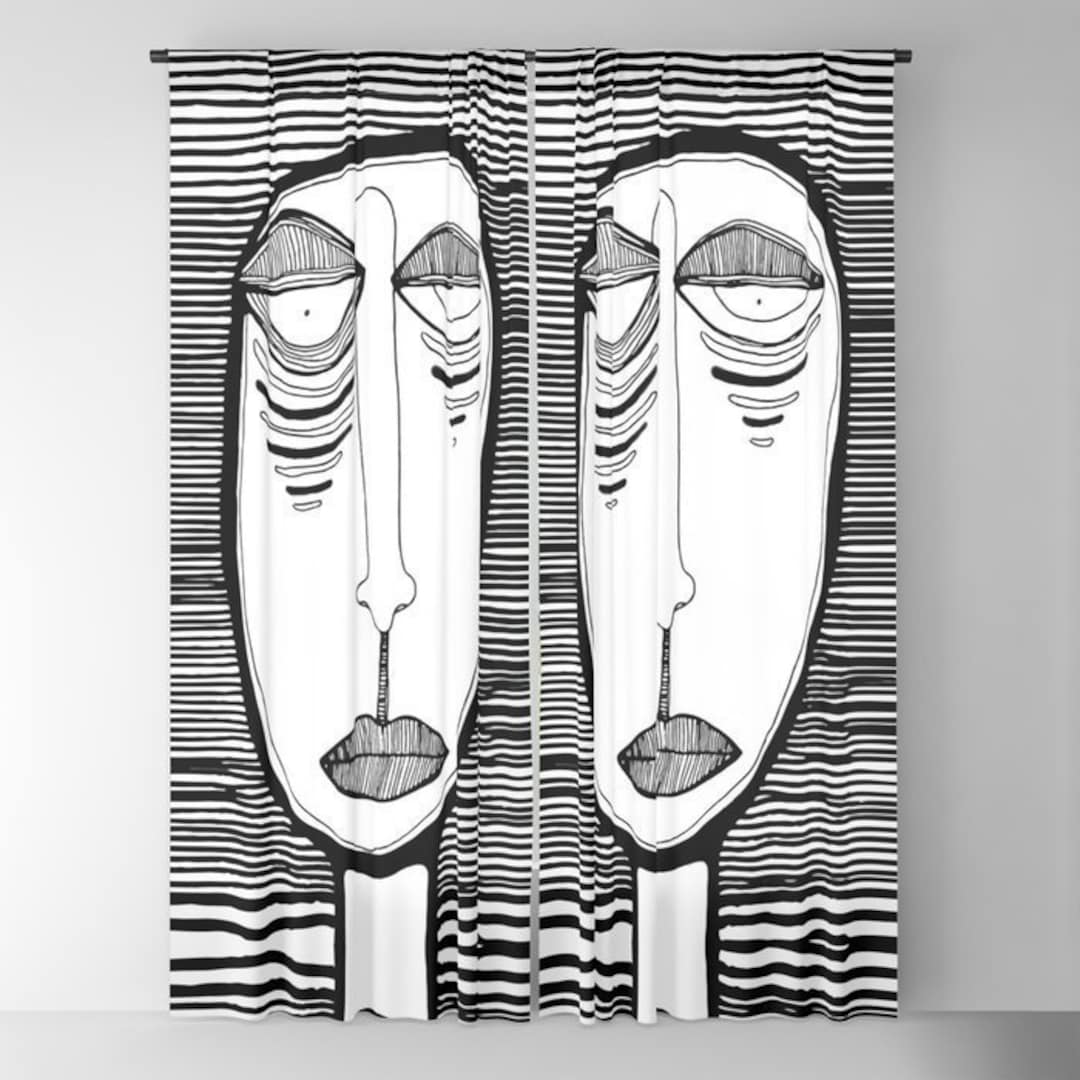 Large Abstract Face Window Curtains in Black White Blackout OR Sheer ...