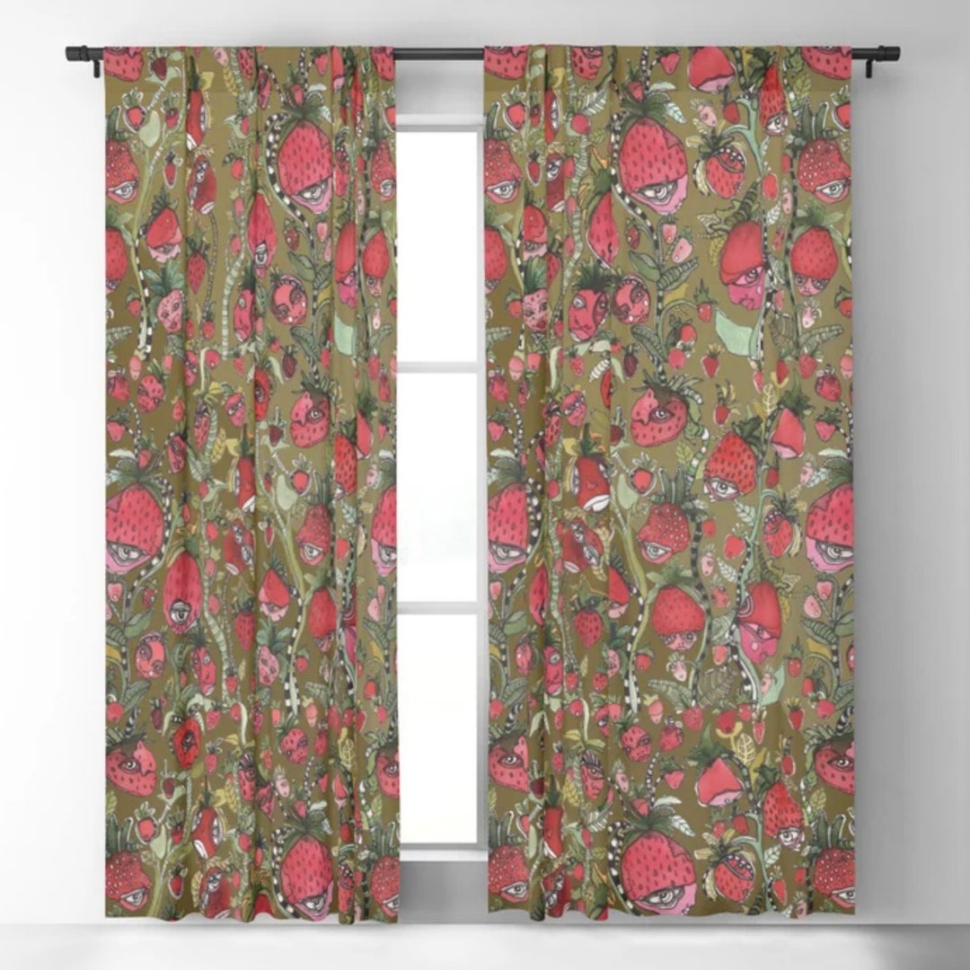 Dark Green Strawberry Faces Art on Blackout or Sheer Window Curtain Fun ...
