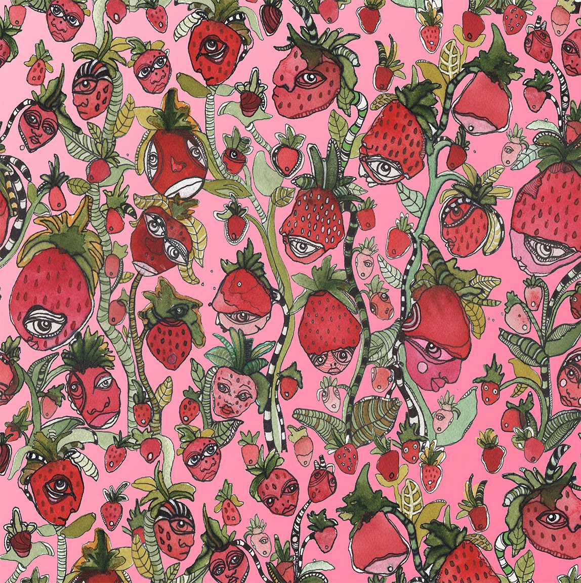 Strawberry Abstract Watercolor Art Fruit Faces Tapestry Large Abstract ...