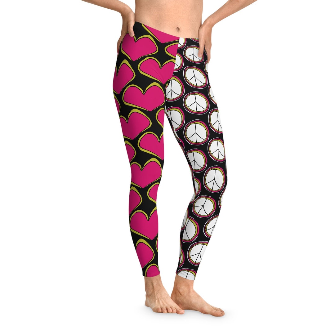 Hippie Peace Love Leggings Yoga Stretchy Pants Gym Gear Colorful Hearts ...