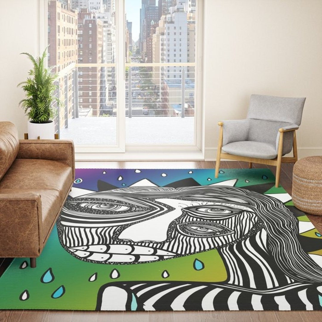 Rainbow Area Rug Face With Rain Psychedelic Detailed Artwork Face on ...