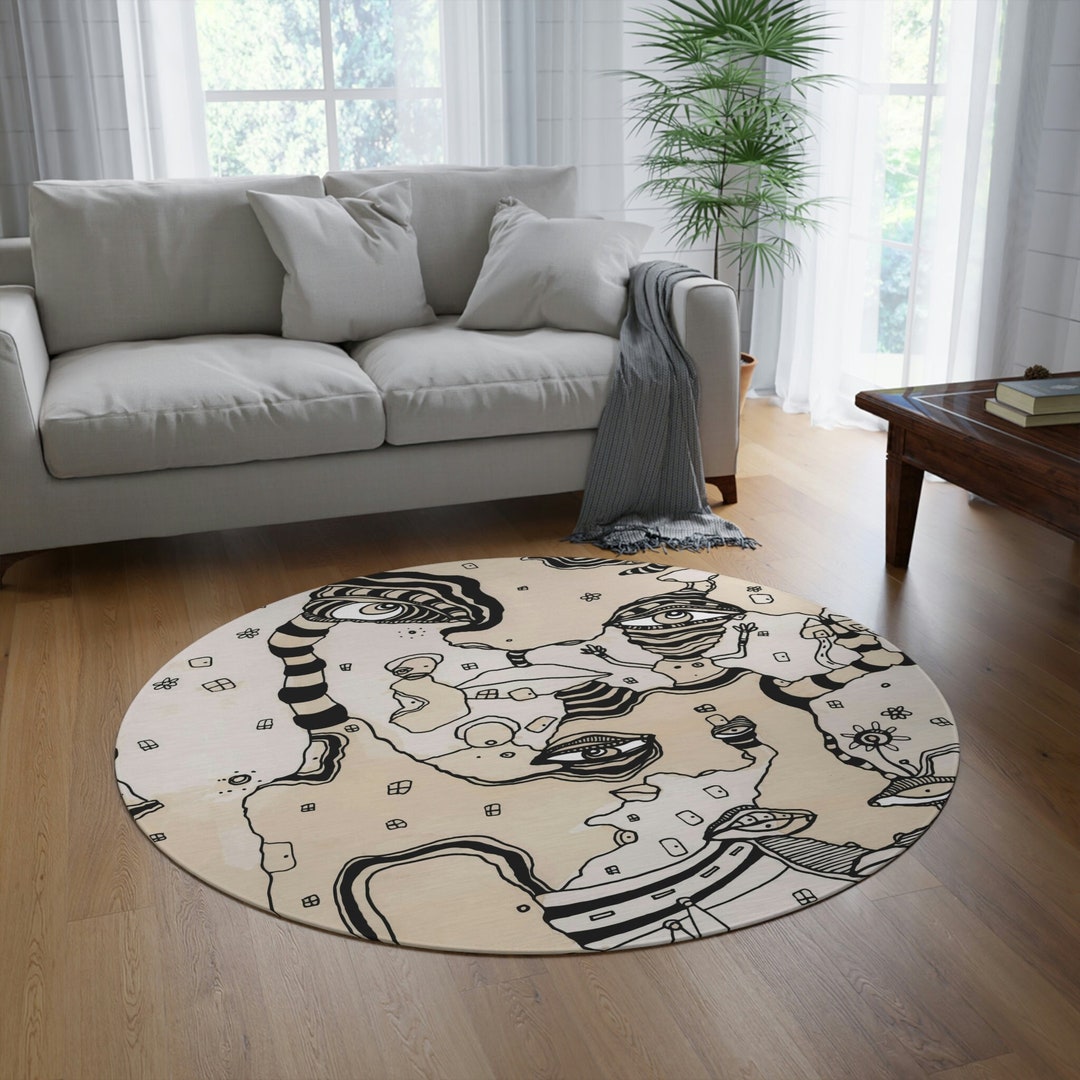 Unusual Trippy Round Rug 5ft Coffee Stained Artwork Carpets Weird ...