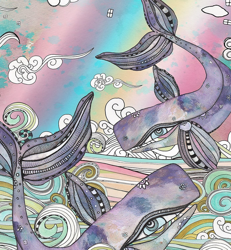 Whimsical Whales Blackout or Sheer Window Curtain Fun Artist Painting ...