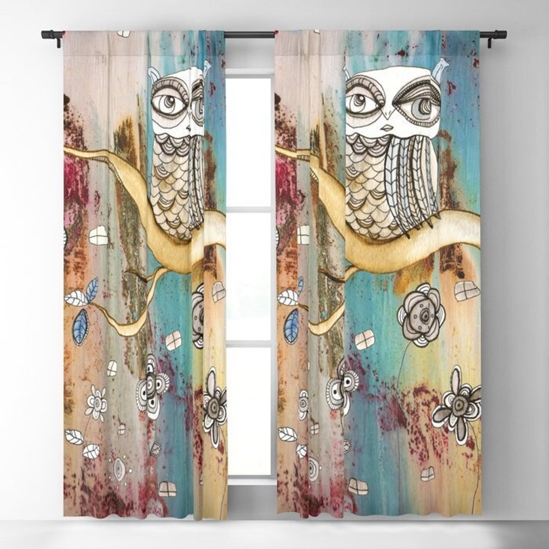 Floral Owl Tree Window Curtain Panels Sheer or Blackout Bohemian Owls ...