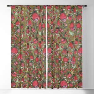 Dark Green Strawberry Faces Art on Blackout or Sheer Window Curtain Fun ...
