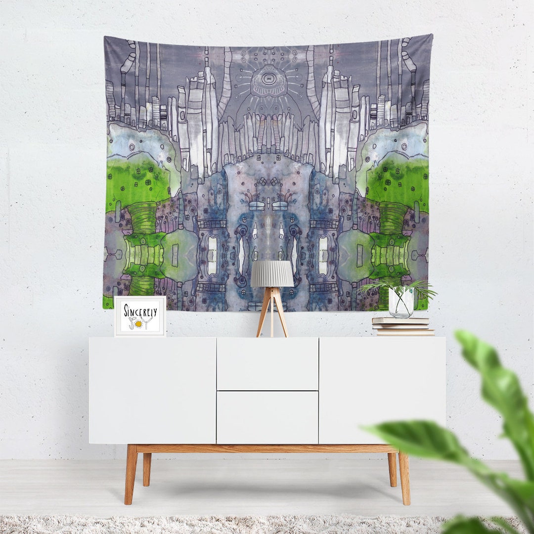 Cityscape Grey Green Tapestry Wall Hanging Large Watercolor Tapestries ...