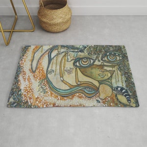 Carpet Area Rug Unique Art Flowers Vines Plant Face Artist Painted ...