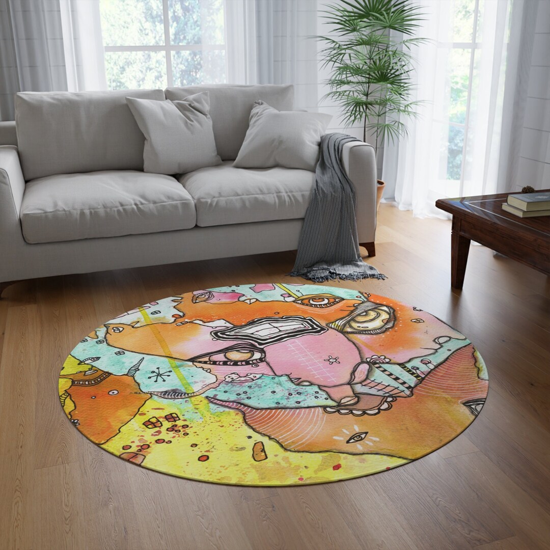 Quirky Round Rug Colorful Funky Face Artwork Abstract Carpet Weird ...