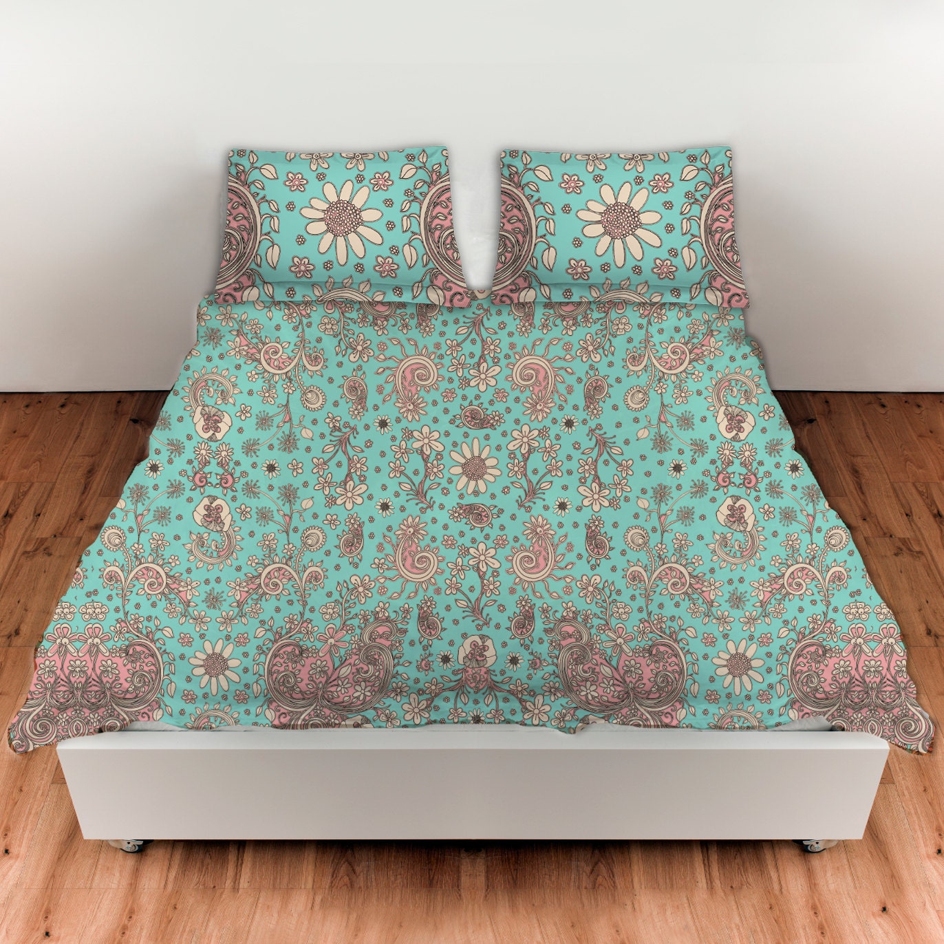 Colorful Boho Duvet Cover Boho Bedroom Set Teal Floral Duvet Funky Home ...