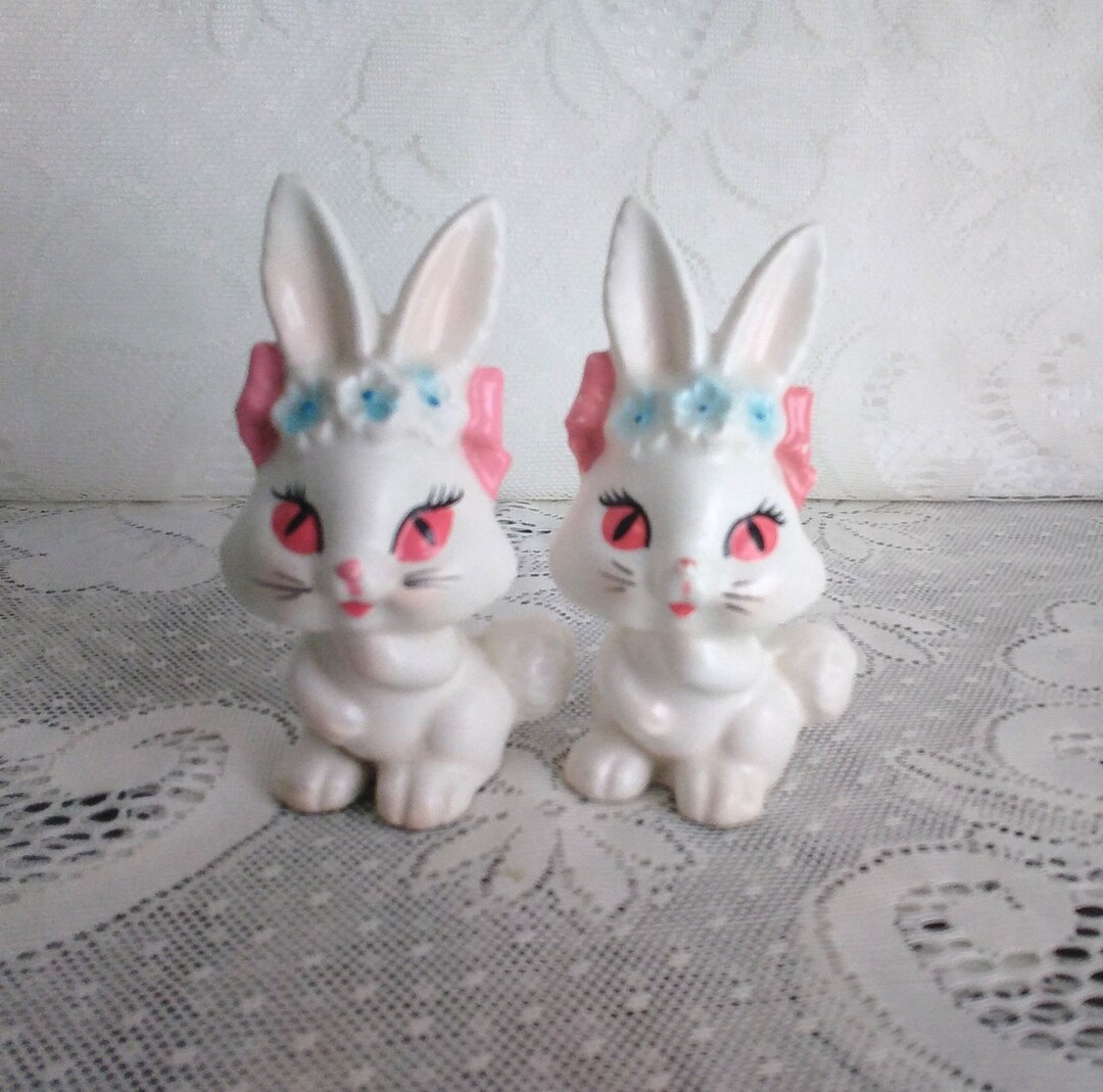 2 Lefton Bunny Rabbits Easter Bunnies Big Pink Eyes Figurines Vintage ...
