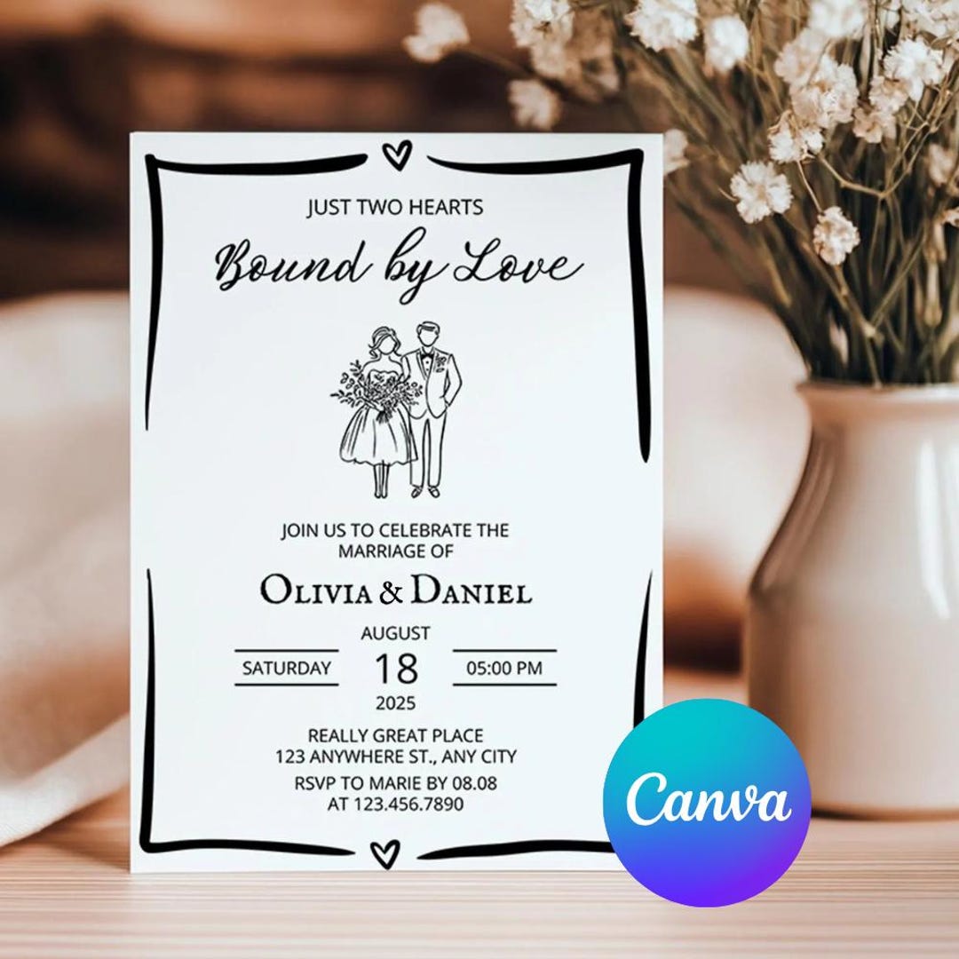 Minimalist Doodle Wedding Invitation Template – Canva Editable ...