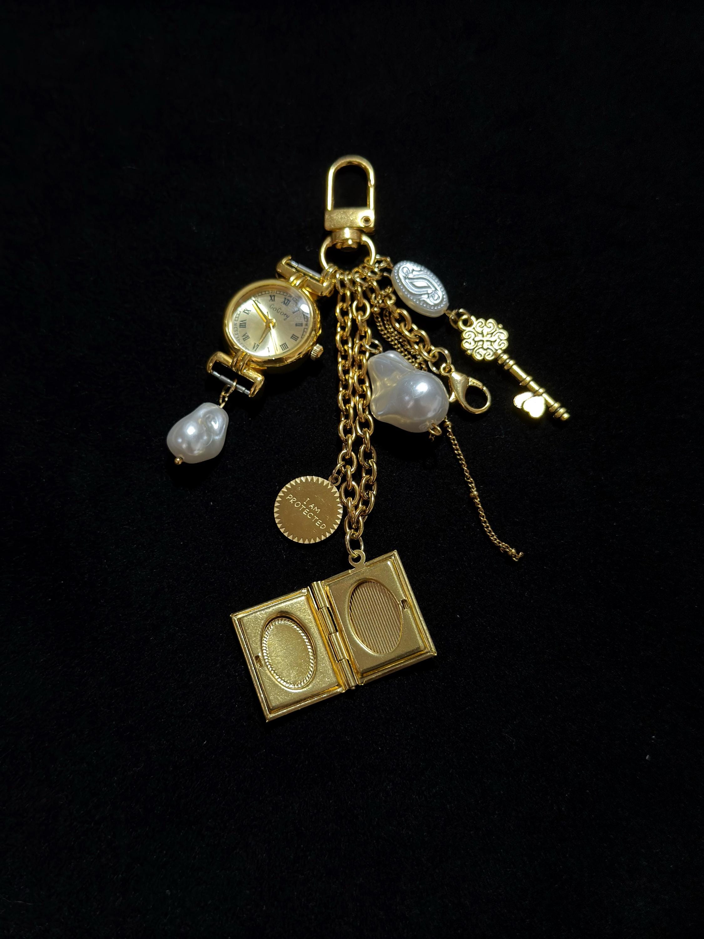 Vintage Gold Pearl Watch Keychain,retro Photo Locket Charm Pants Chain ...