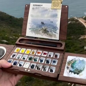 27 Wells Set Wooden Watercolor Box Portable Folding Palette & Paint ...