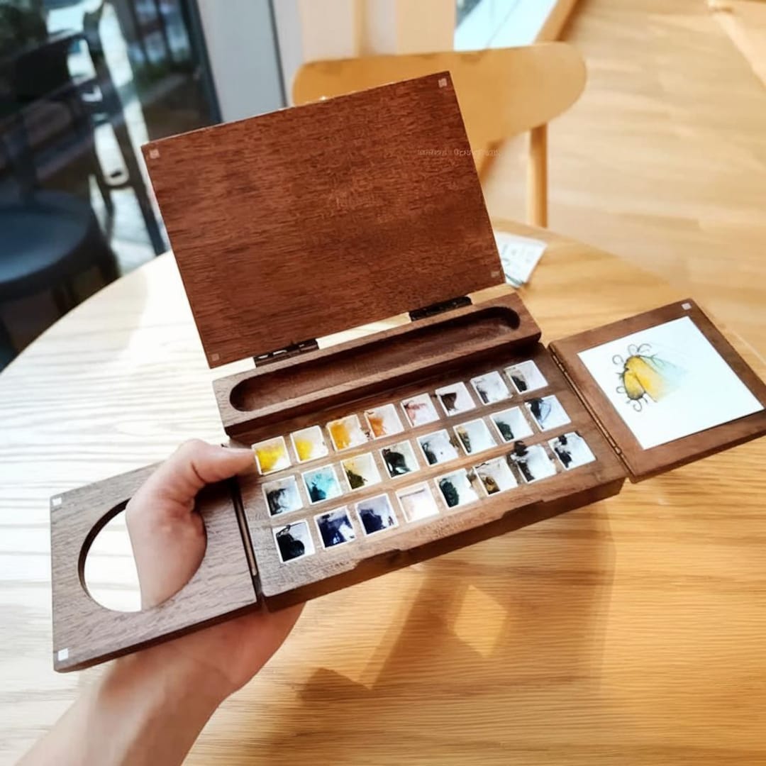 27 Wells Set Wooden Watercolor Box Portable Folding Palette & Paint ...