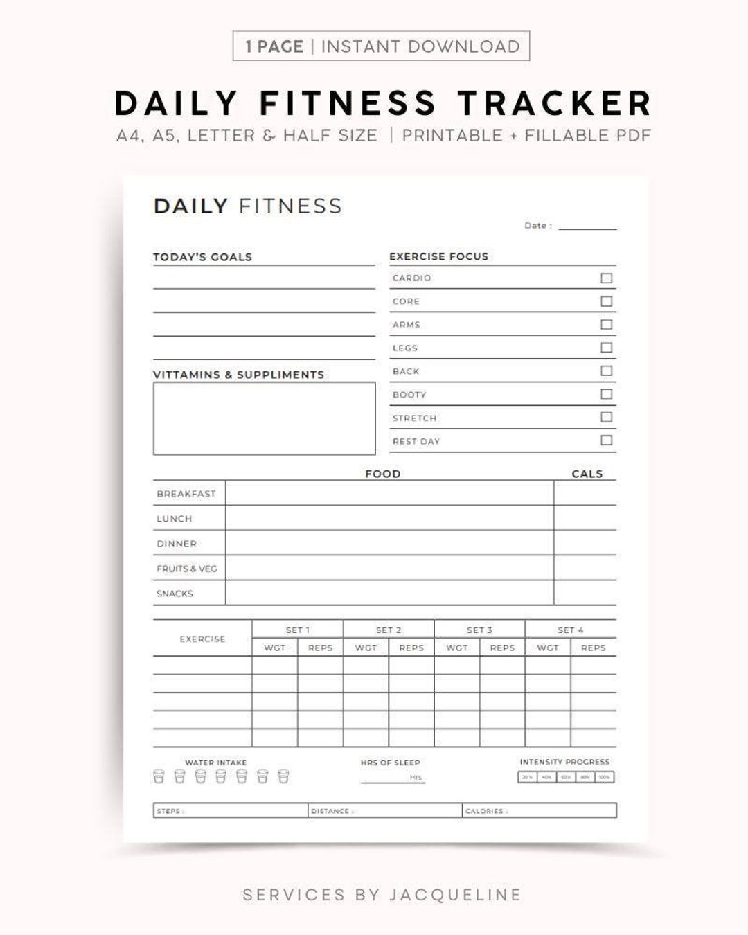 Fitness Tracker Printable, Daily Exercise Log, Fitness Journal, Workout ...