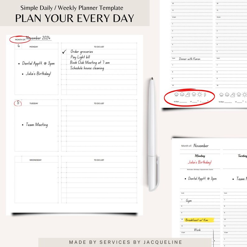 Weekly/daily Planner Printable PDF Instant Download - Includes Hourly ...