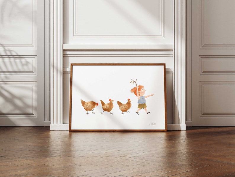 Hen Parade Child Print | Chicken Farm Wall Art | Stick Leaf Girl ...