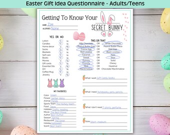 Secret Bunny Questionnaire, Easter Gifts for Teens, Secret Bunny Survey ...