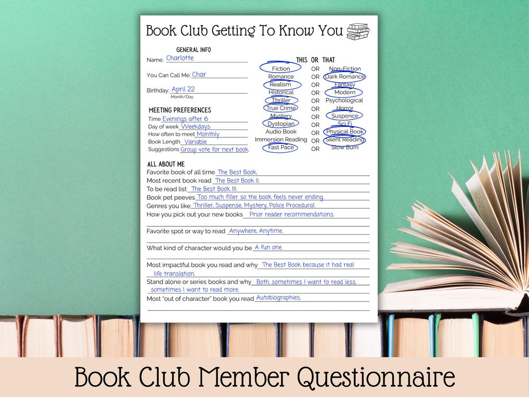 Book Club Questionnaire, Book Club Survey, Reading Group Survey, Book ...