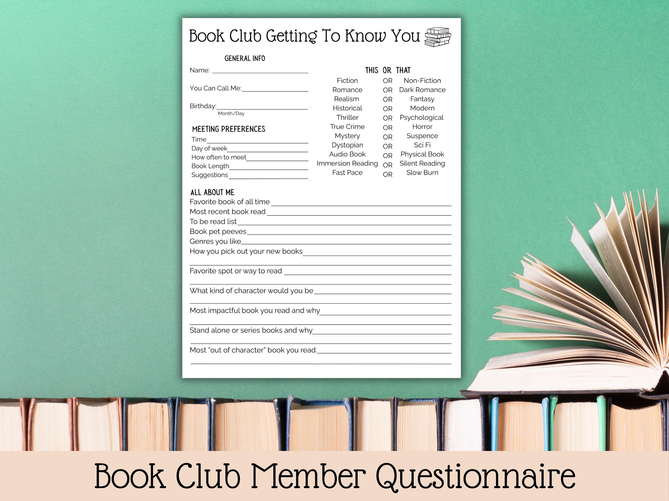 Book Club Questionnaire, Book Club Survey, Reading Group Survey, Book ...