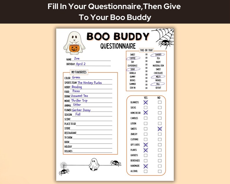 Halloween Boo Buddy Questionnaire Printable Kit for Adults, Employee ...