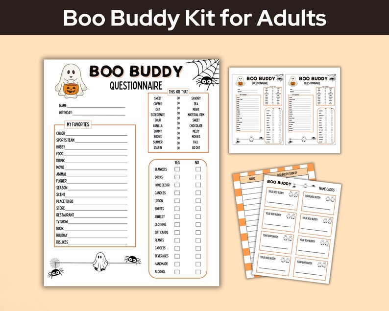 Halloween Boo Buddy Questionnaire Printable Kit for Adults, Employee ...
