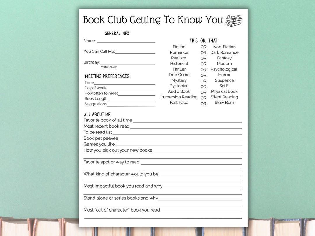 Book Club Survey Questionnaire Printable Template, Book Club Discussion ...