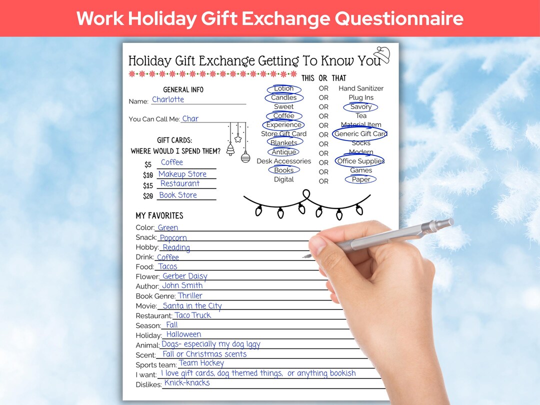 Work Holiday Gift Exchange Activity, Office Secret Santa Questionnaire ...