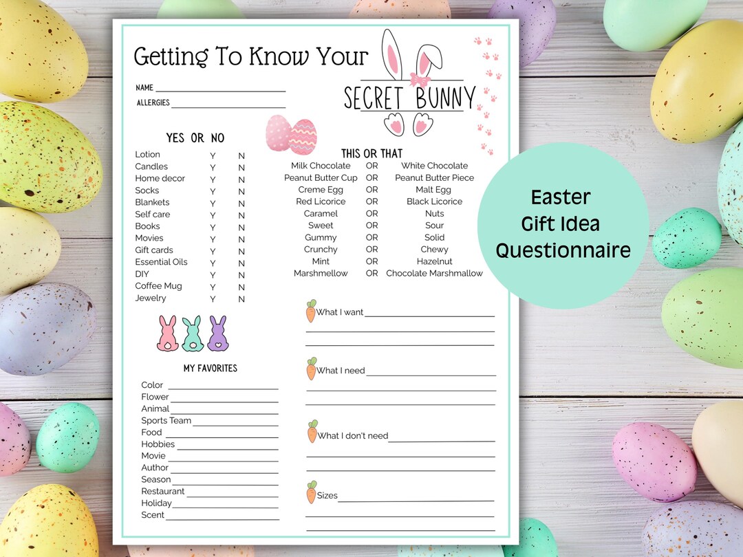 Secret Bunny Questionnaire, Easter Gifts for Teens, Secret Bunny Survey ...