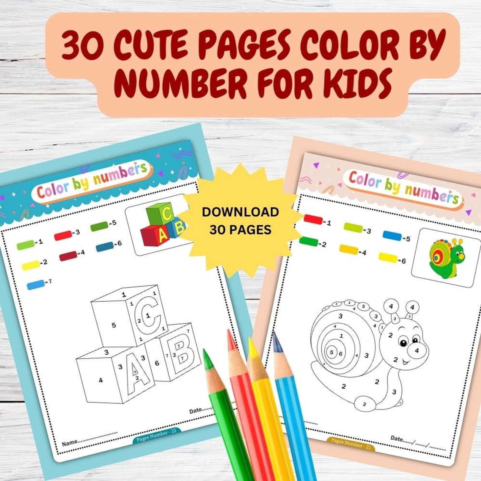 Coloring Pages by Number, 30 Cute Digital Coloring Pages, Printable ...