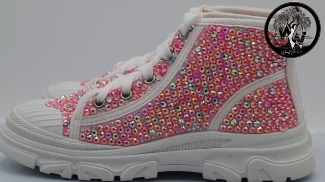 Pink AB Glass Rhinestone High Top Sneakers Size 1 US - 32 EU - Etsy