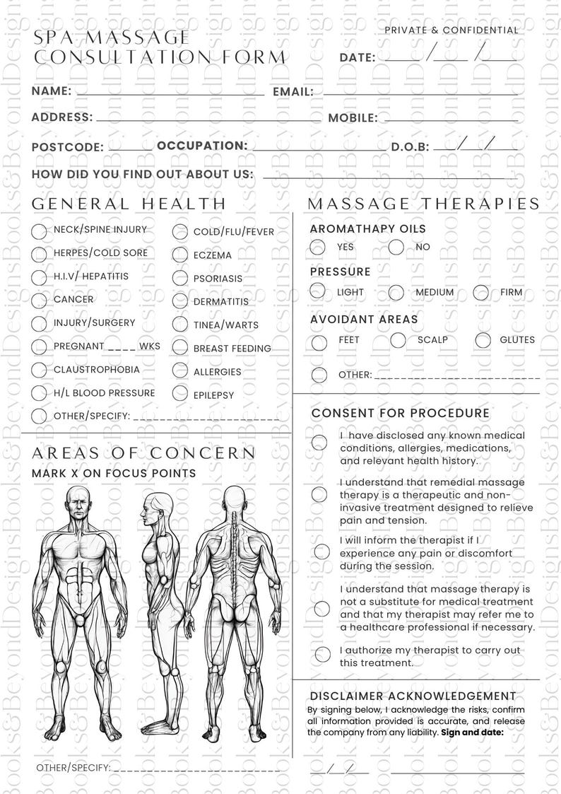 Spa Massage Consultation Form Digital Download Client Intake Form ...