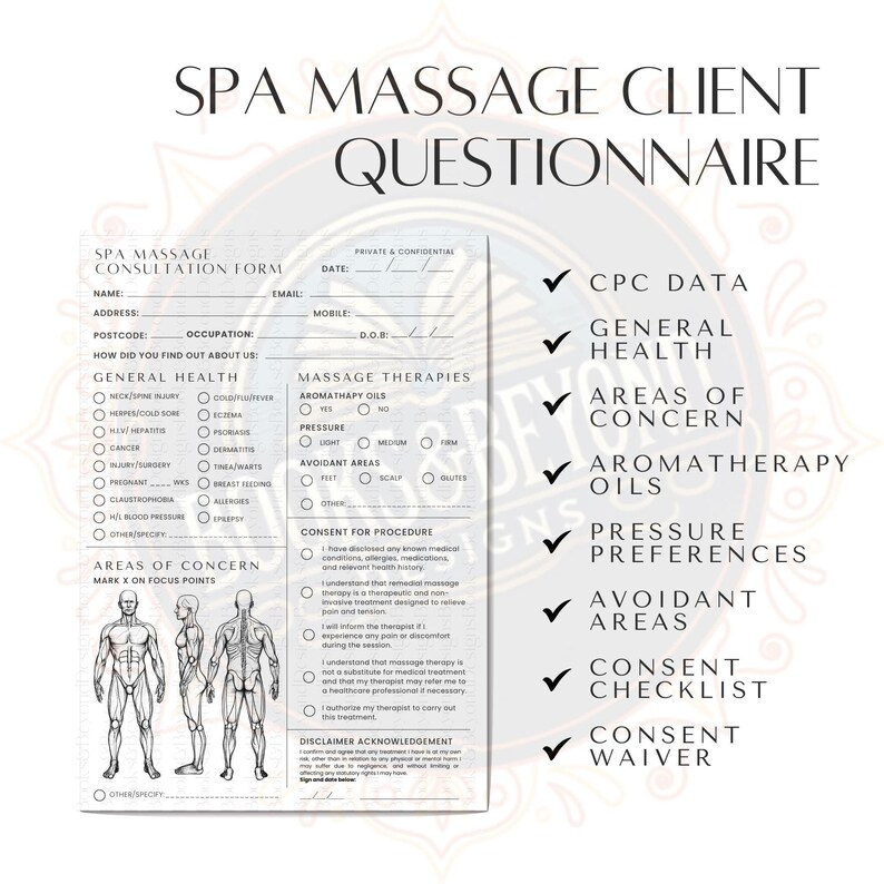 Spa Massage Consultation Form Digital Download Client Intake Form Professional Spa Therapy ...