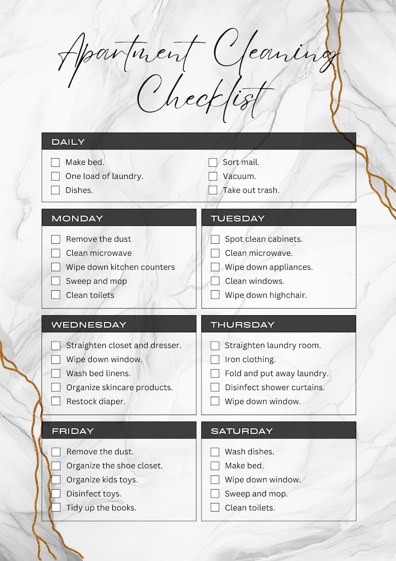 Custom Apartment Cleaning Checklist Template – Daily, Weekly and Deep ...