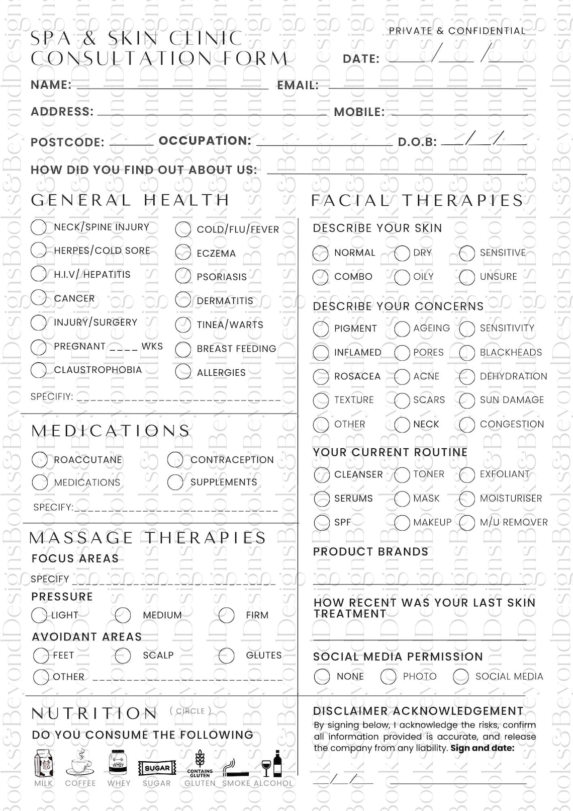 Spa and Skin Clinic Consultation Form Digital Download Client Intake ...