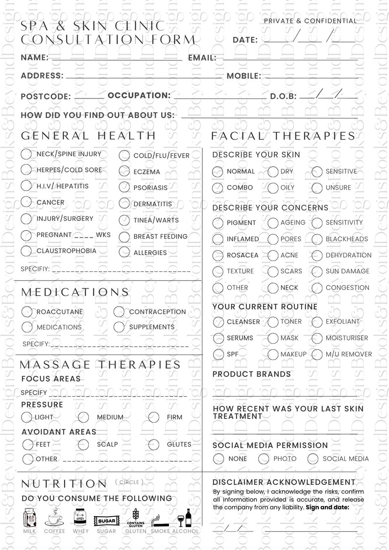 Spa and Skin Clinic Consultation Form Digital Download Client Intake ...